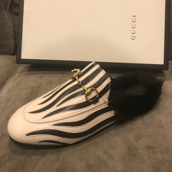 Gucci | Shoes | Gucci Princetown Zebra Leather Fur Flat Mule Slide ...